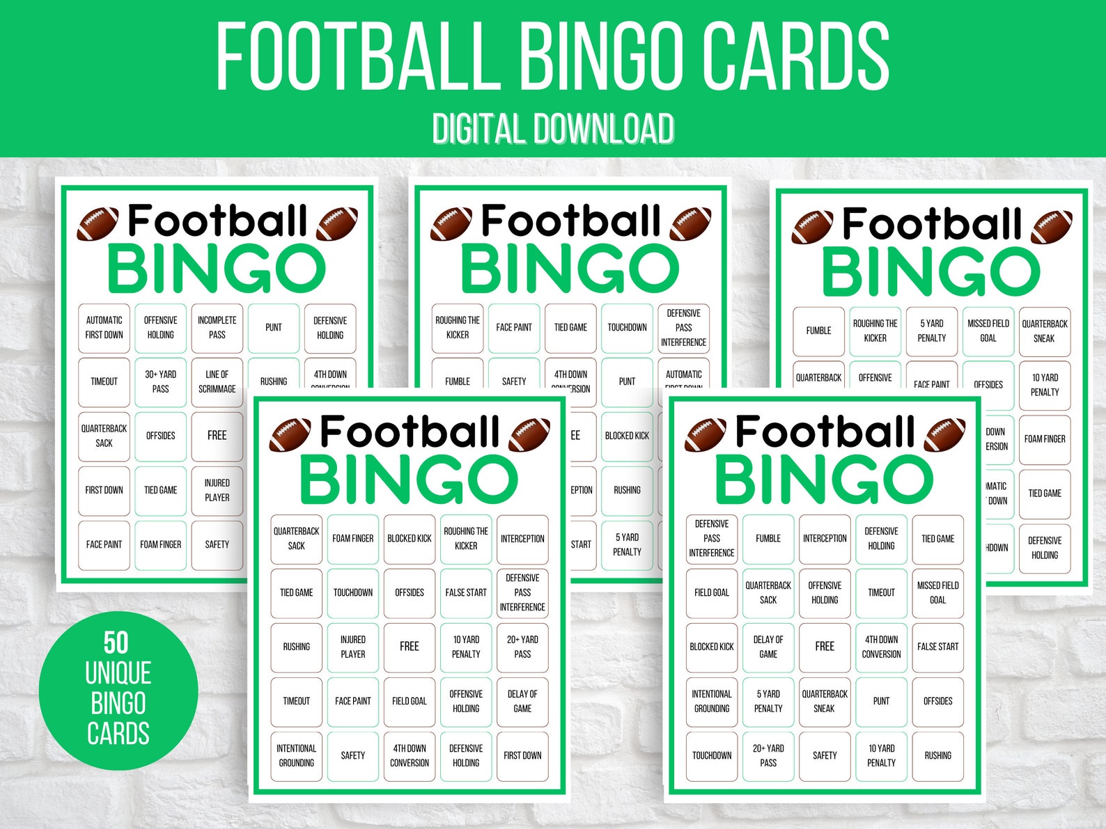 Football Bingo 50 Unique Printable Football Bingo Cards - Etsy