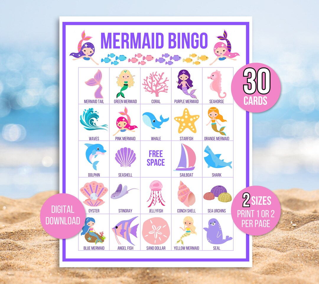 Mermaid Bingo, 30 Unique Printable Mermaid Bingo Cards, Mermaid Game ...