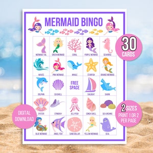Mermaid Bingo, 30 Unique Printable Mermaid Bingo Cards, Mermaid Game ...
