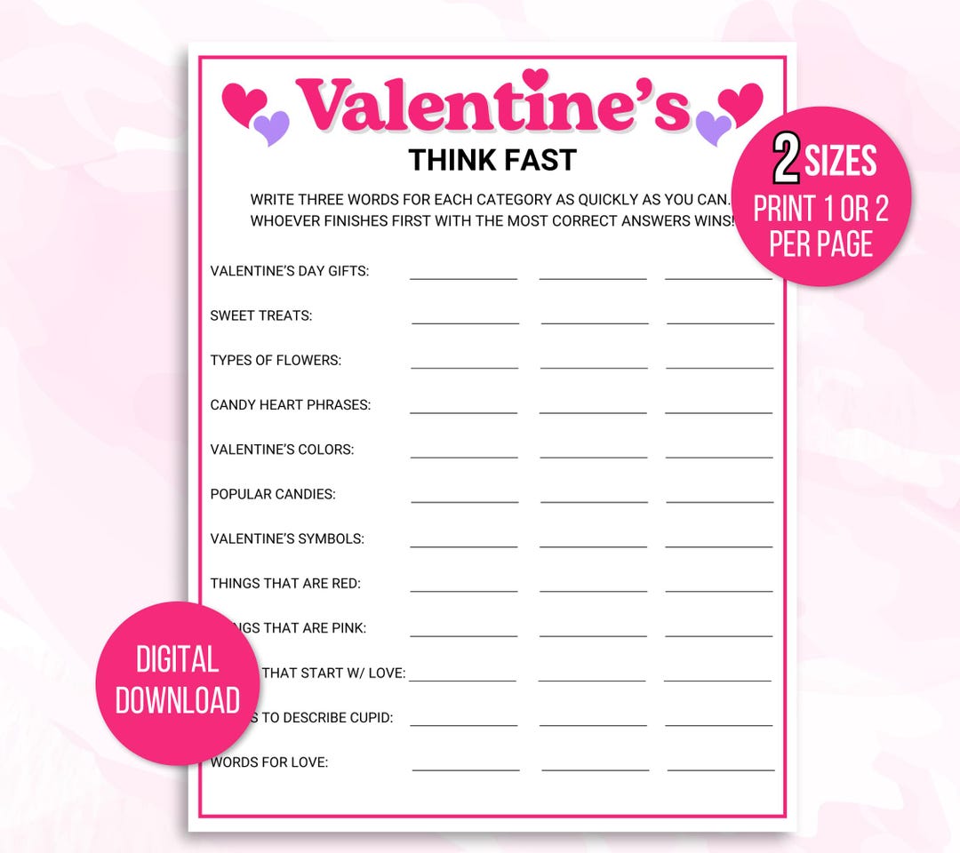 Think Fast Valentine's Day Game, Fun Valentine's Game, Printable ...