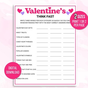 Think Fast Valentine's Day Game, Fun Valentine's Game, Printable ...