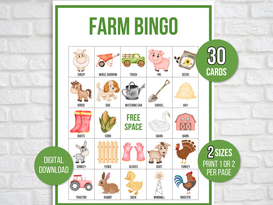 Farm Bingo, 30 Printable Farm Bingo Cards, Barnyard Bingo, Barnyard ...