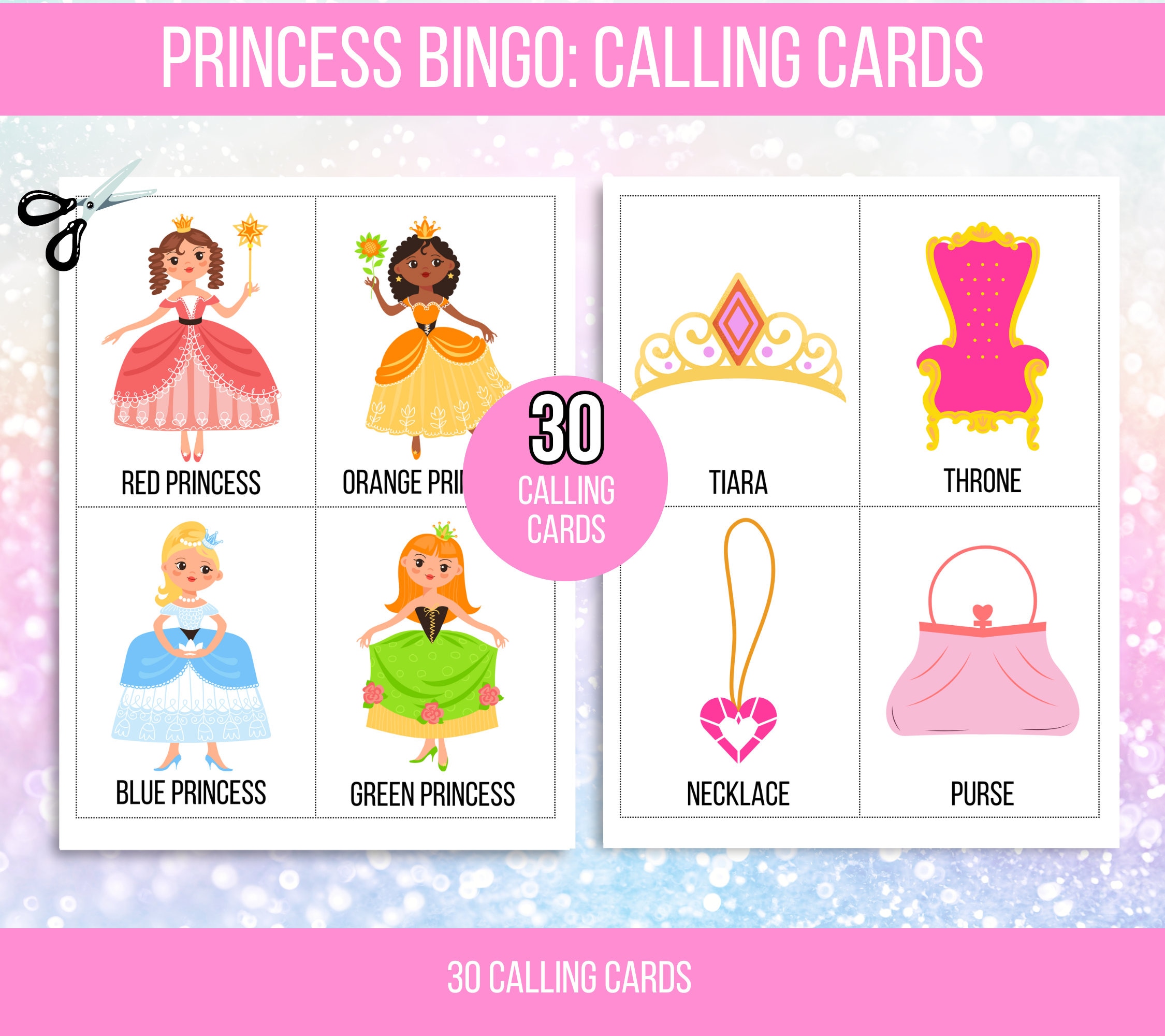 Princess Bingo, 30 Printable Princess Bingo Cards, Princess Birthday ...