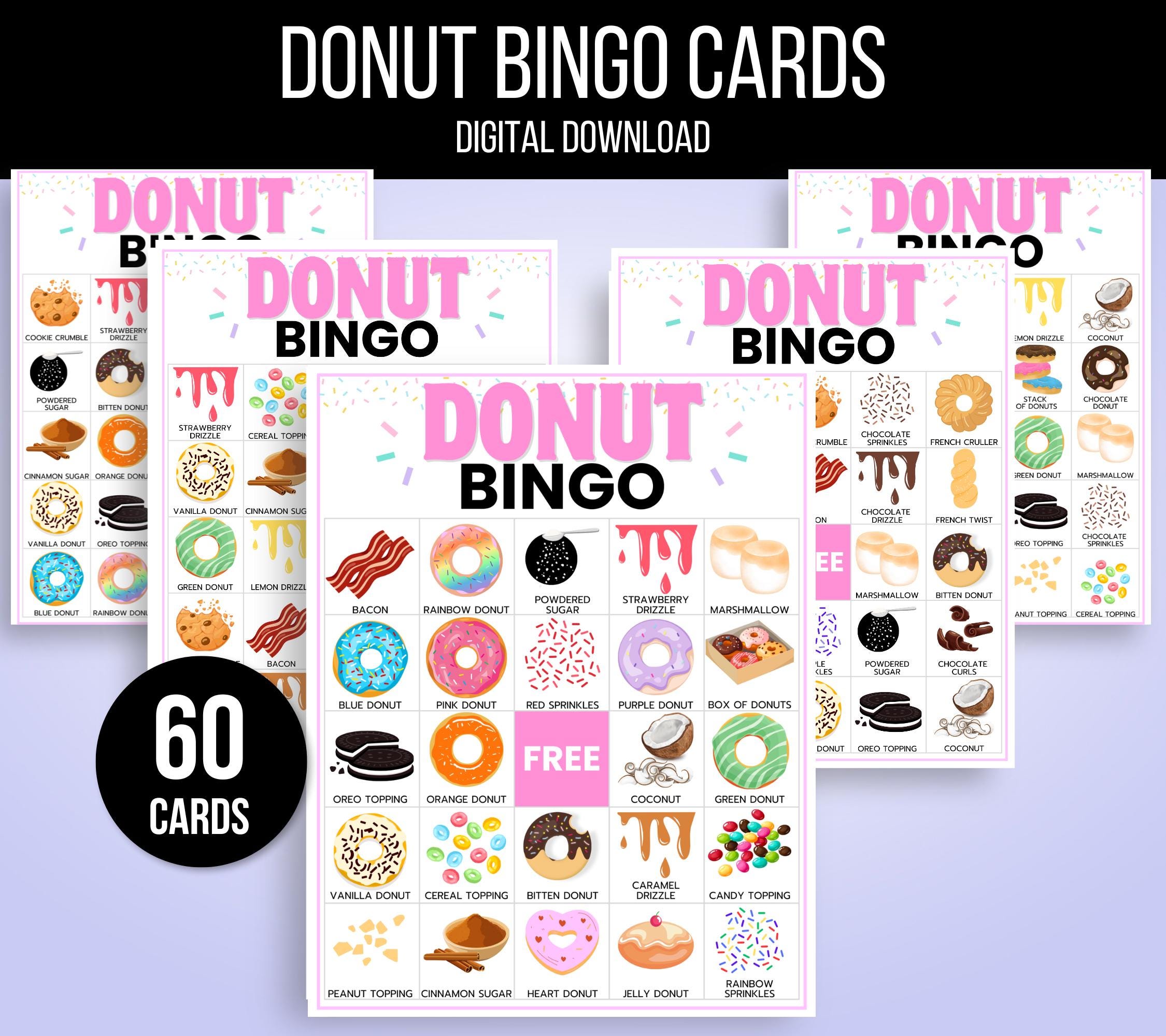Donut Bingo, 60 Printable Donut Bingo Cards, Donut Birthday, Donut ...