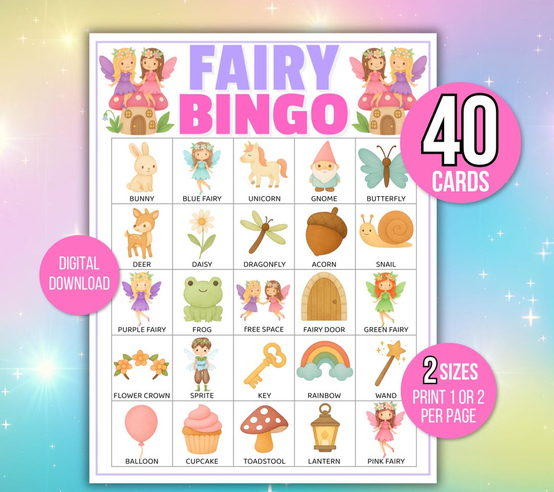 Fairy Bingo, 40 Unique Printable Fairy Bingo Cards, Fairy Game, Fairy ...
