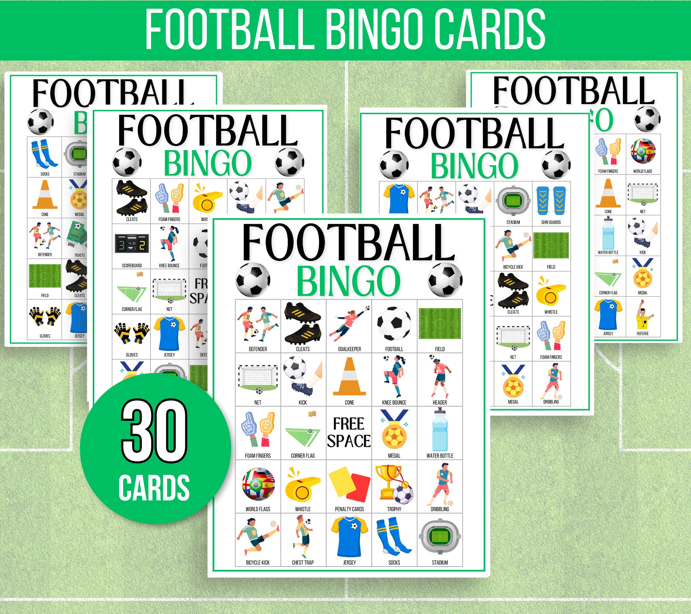 Football Bingo, 30 Football Bingo Cards, Soccer Game, Soccer Activity ...