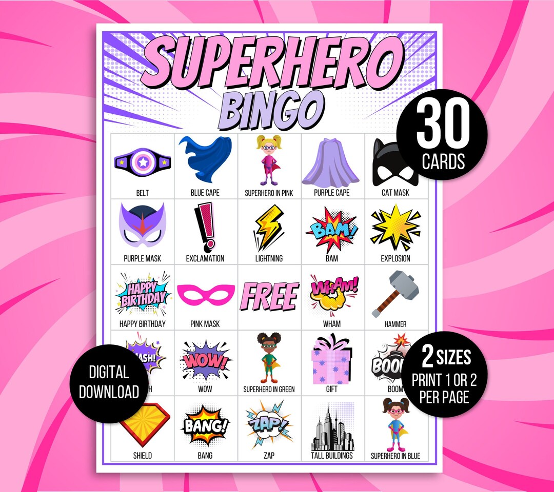 Superhero Bingo, 30 Superhero Bingo Cards, Girl Superhero Game, Girl ...