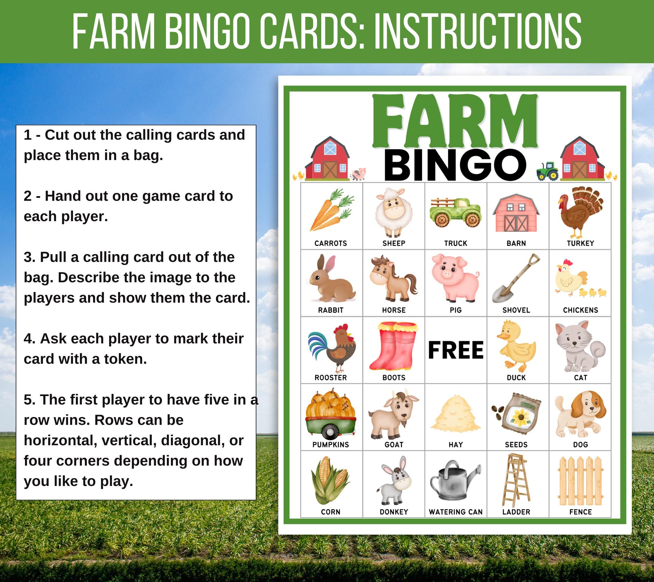 Farm Bingo, 30 Printable Farm Bingo Cards, Barnyard Bingo, Barnyard ...