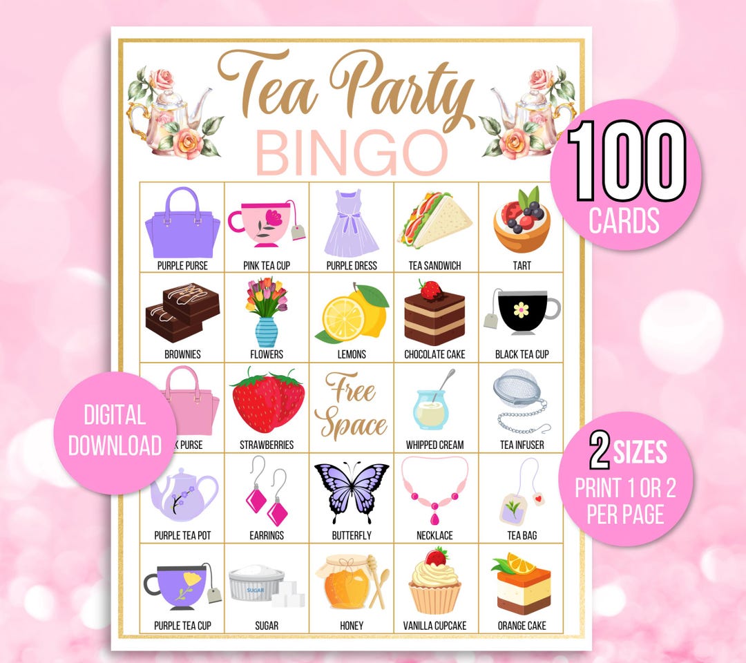 Tea Party Bingo, 100 Unique Printable Tea Party Bingo Cards, Tea Party ...