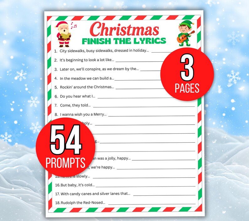 Christmas Finish the Lyrics, Holiday Party Game, Fun Christmas Game ...