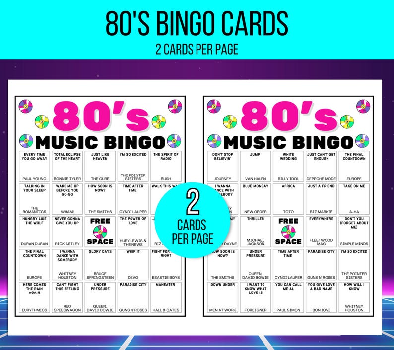 80s Bingo, 80s Song Bingo, 80s Music Bingo, 80s Retro Bingo, 50 ...