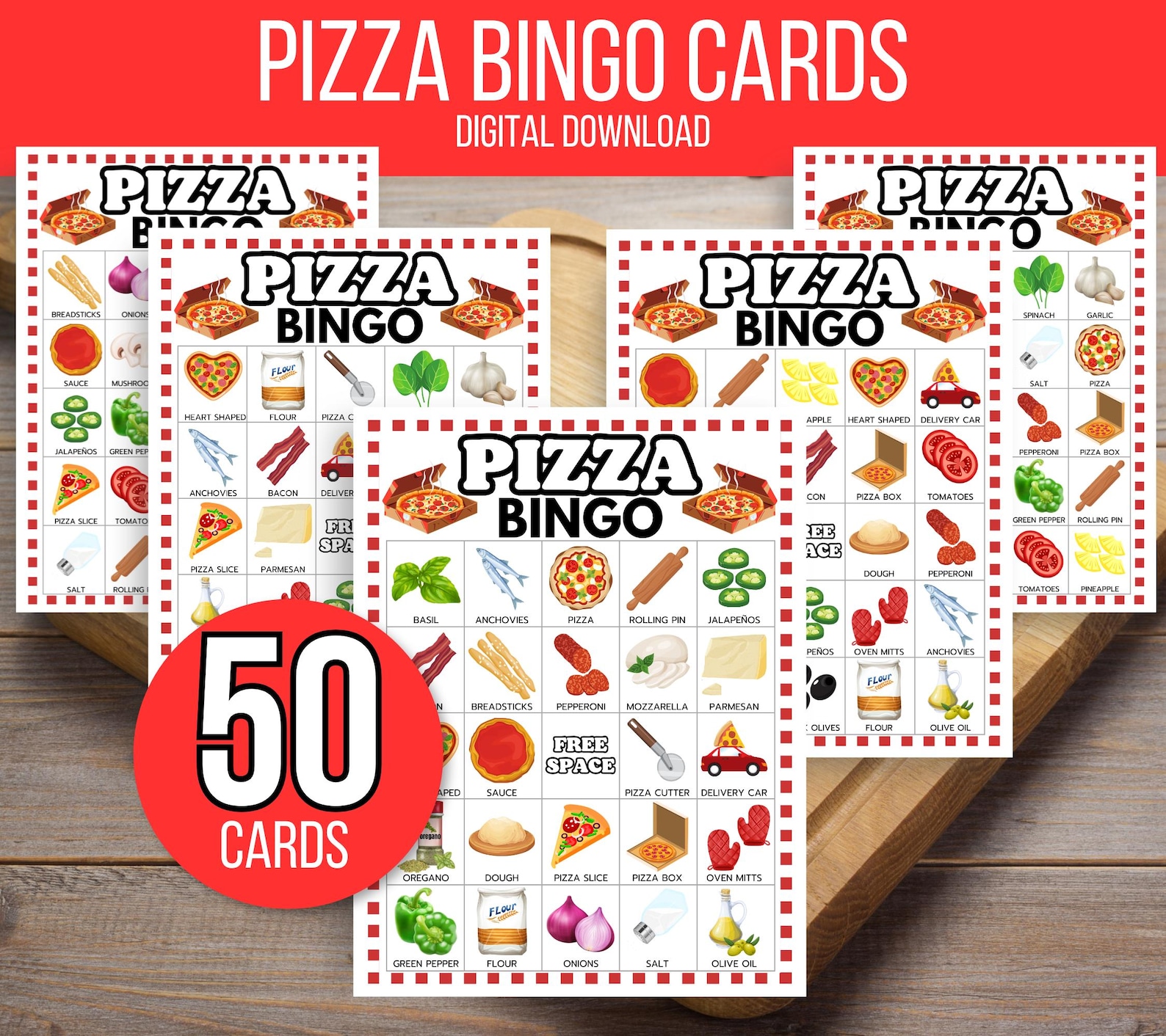 Pizza Bingo, Pizza Party Bingo, 50 Printable Pizza Bingo Cards, Pizza ...