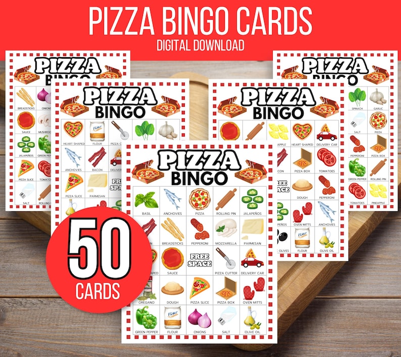 Pizza Bingo, Pizza Party Bingo, 50 Printable Pizza Bingo Cards, Pizza ...