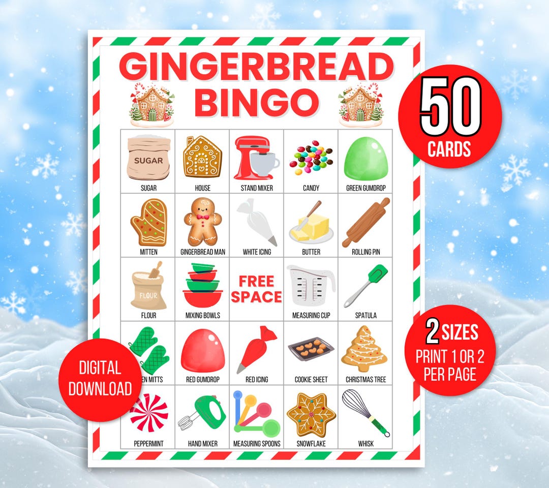 Gingerbread Bingo, 50 Gingerbread Bingo Cards, Christmas Baking Bingo ...