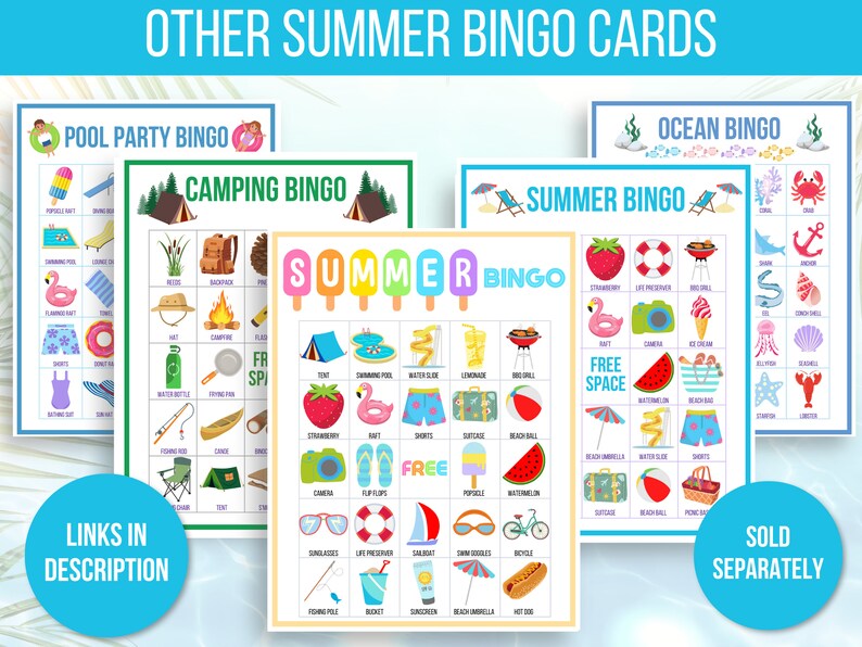 Beach Bingo, Fun in the Sun Bingo, 30 Printable Beach Bingo Cards ...