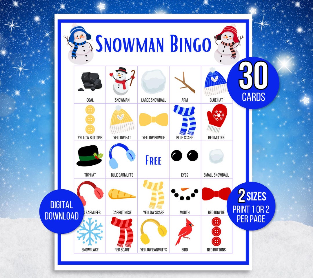 Snowman Bingo, 30 Printable Snowman Bingo Cards, Winter Bingo, Winter ...