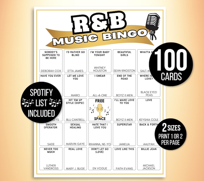 R & B Bingo, Rhythm and Blues Song Bingo, Blues Music Bingo, 100 ...