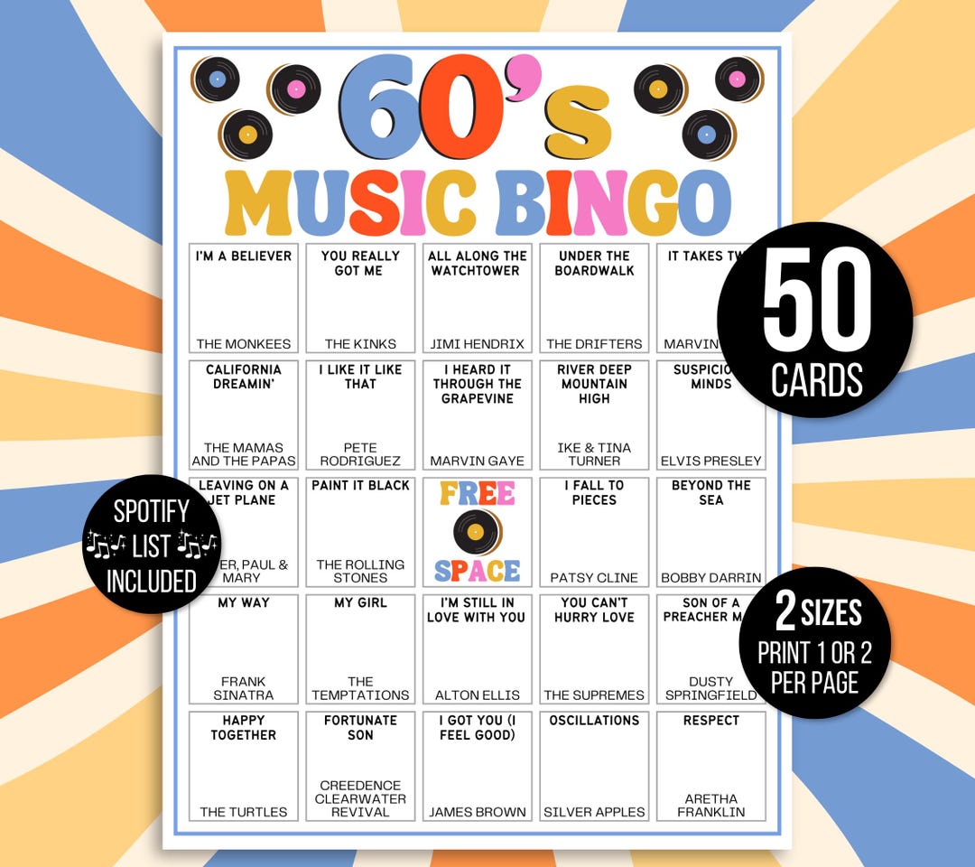60s Bingo, 60s Song Bingo, 60s Music Bingo, 60s Retro Bingo, 50 ...