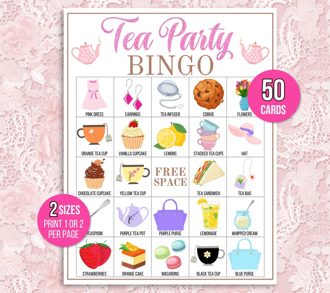 Tea Party Bingo, 50 Unique Printable Tea Party Bingo Cards, Tea Party ...