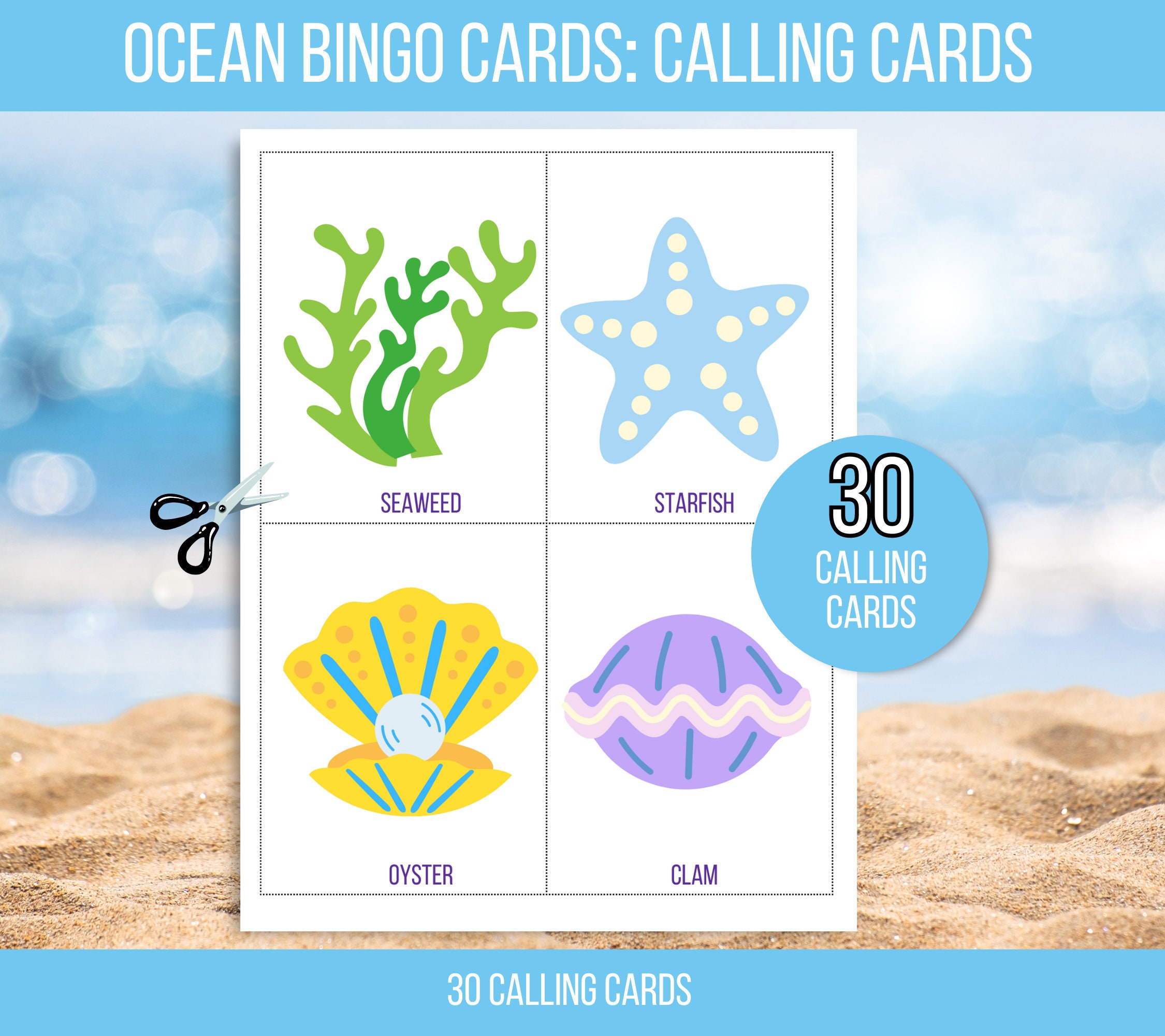 Ocean Bingo Game, Under The Sea Bingo Cards Set, Fiji Car Bingo