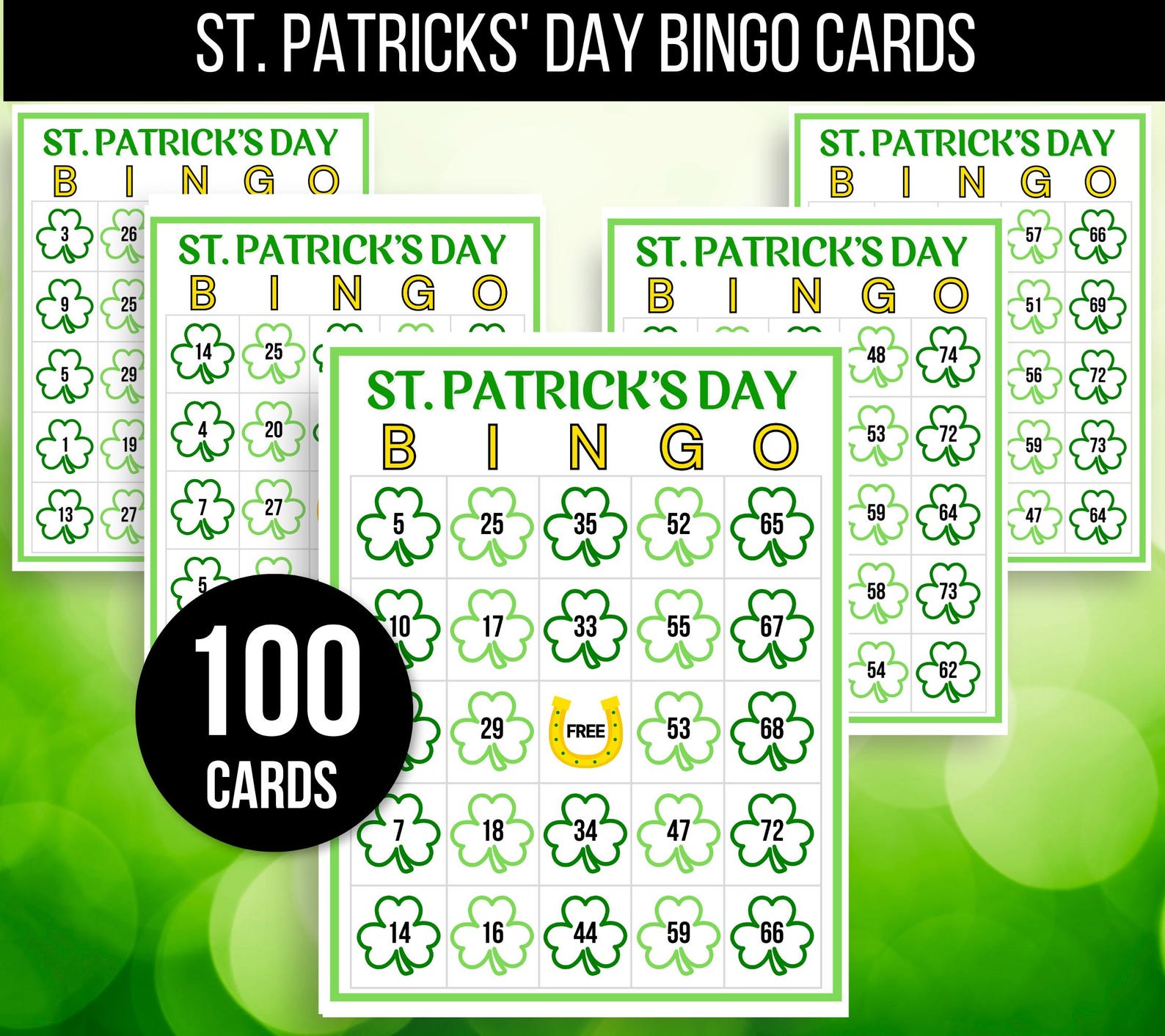 St. Patrick's Day Bingo, 100 St. Patrick's Day Bingo Cards, St. Patrick ...