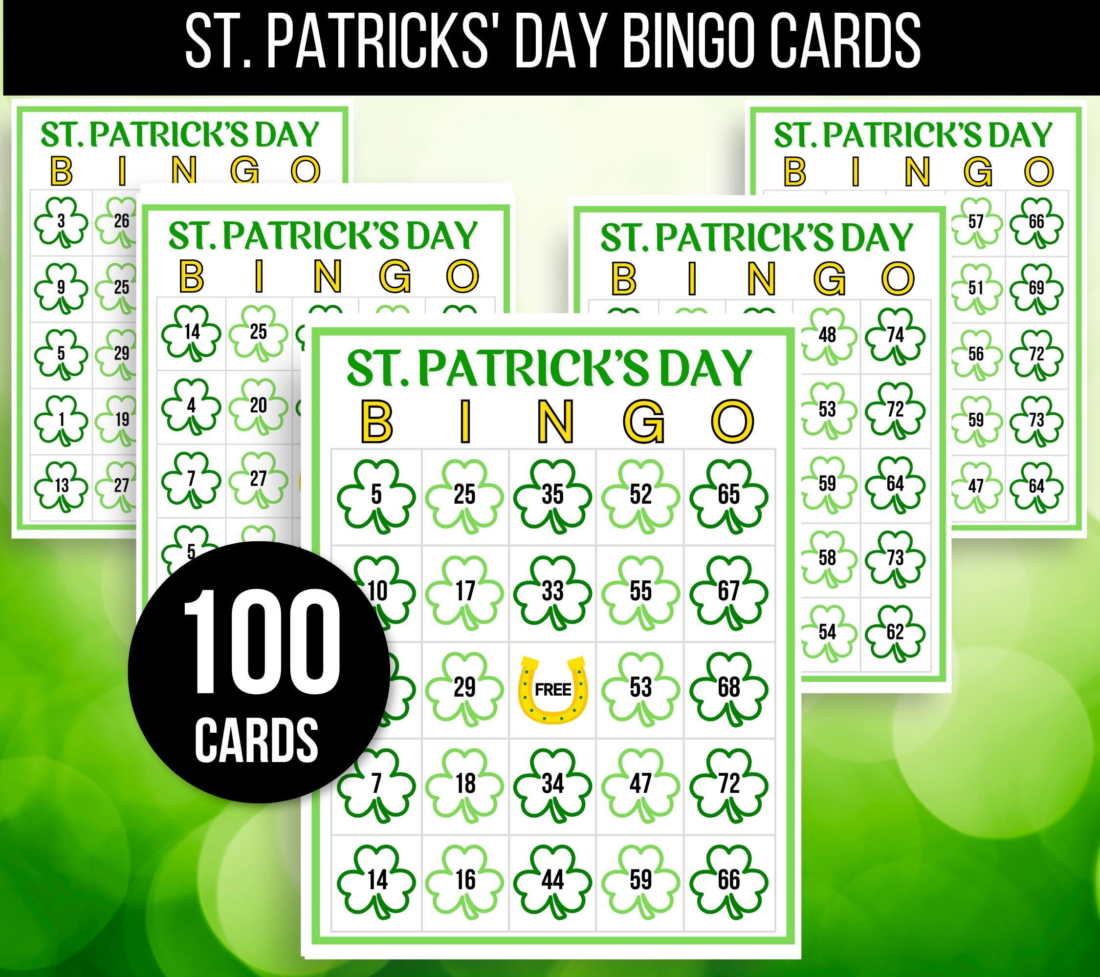 St. Patrick's Day Bingo, 100 St. Patrick's Day Bingo Cards, St. Patrick ...