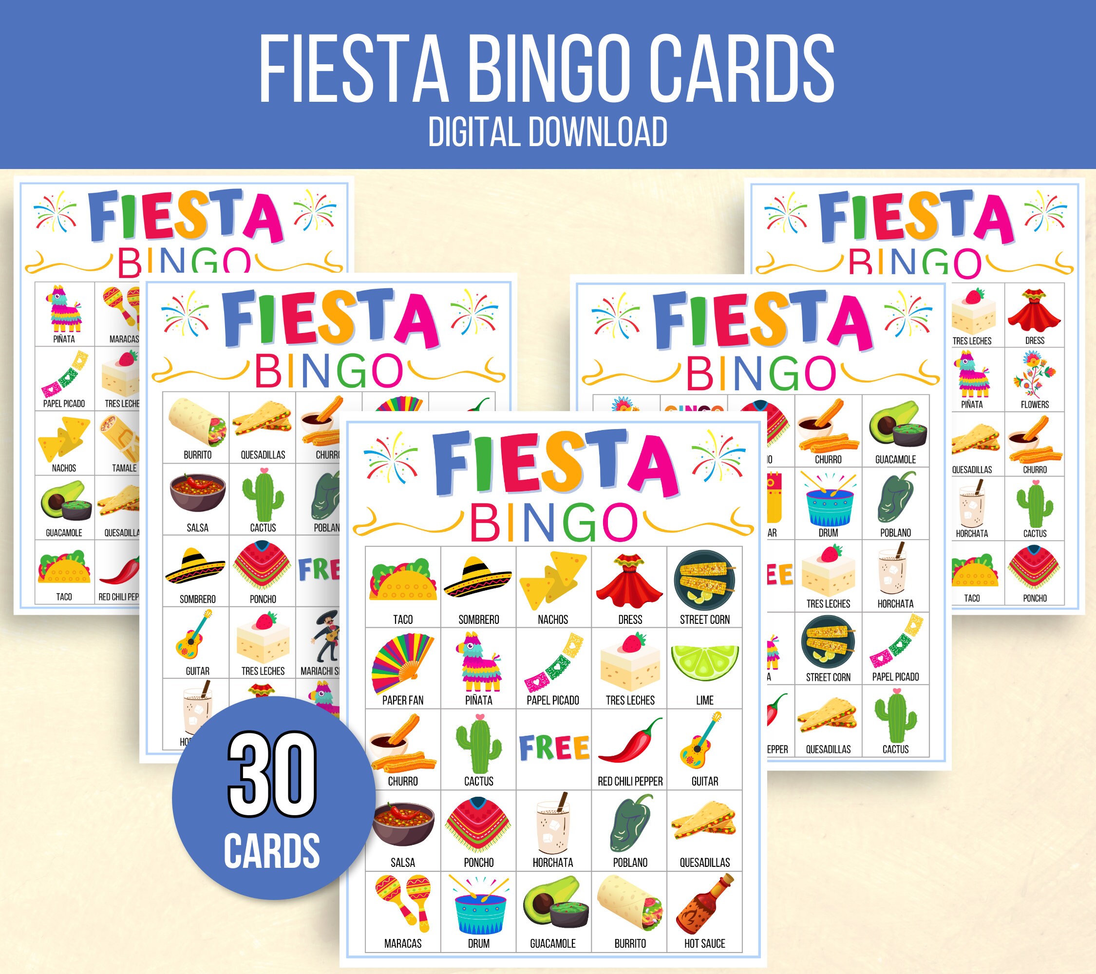 Fiesta Bingo, 30 Printable Fiesta Bingo Cards, Fiesta Activity for Kids ...