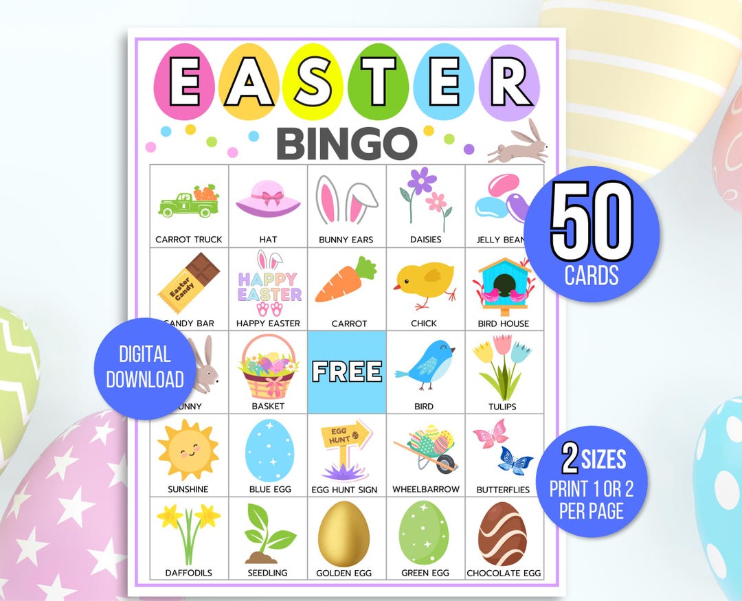 Easter Bingo, 50 Printable Easter Bingo Cards, Easter Activity for Kids ...