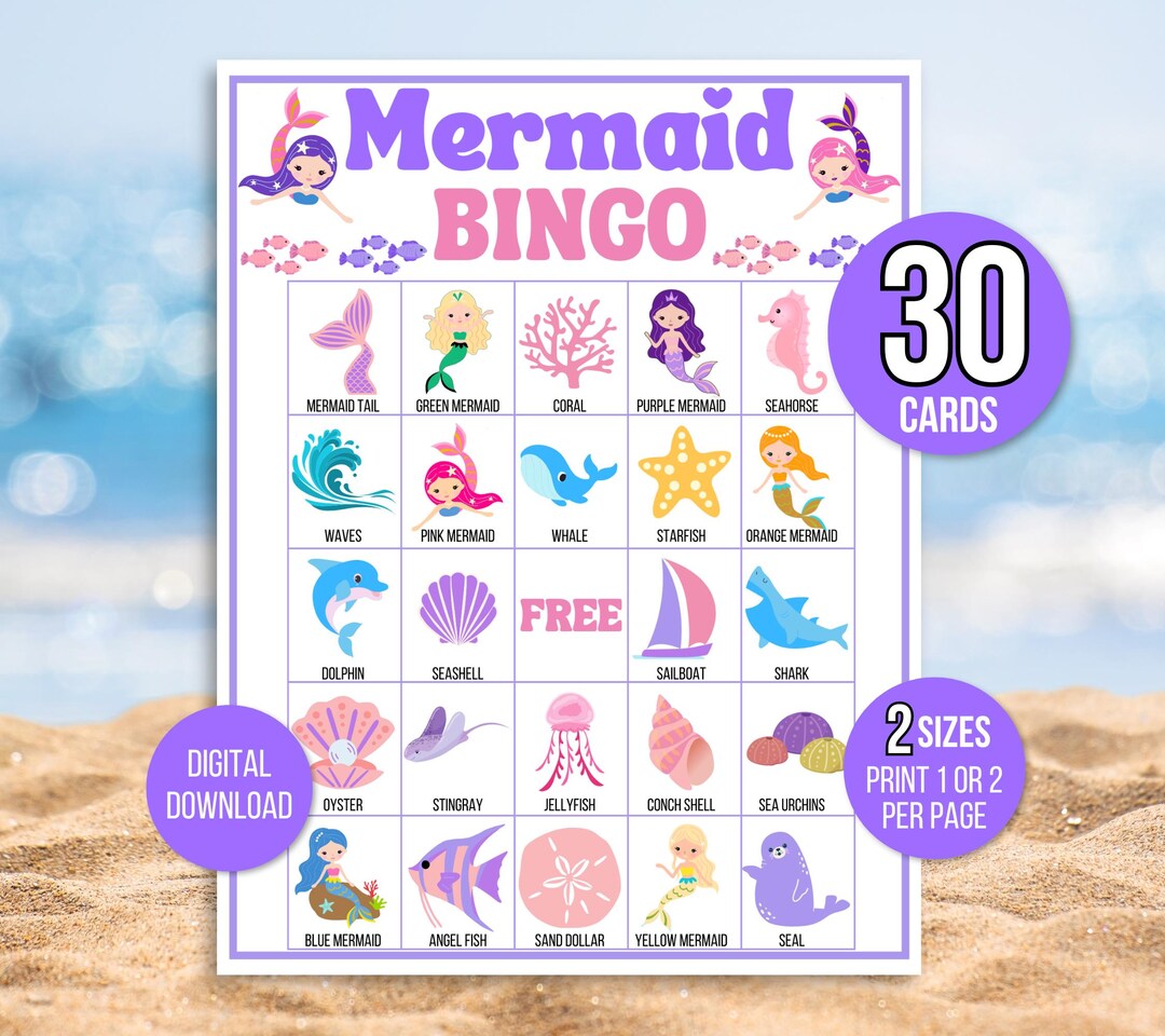 Mermaid Bingo, 30 Unique Printable Mermaid Bingo Cards, Mermaid Game ...