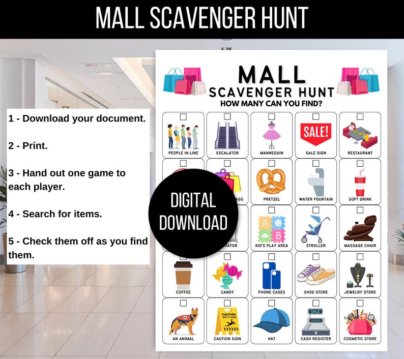 Mall Scavenger Hunt for Kids, Mall Scavenger Hunt, Mall Activity, Mall ...