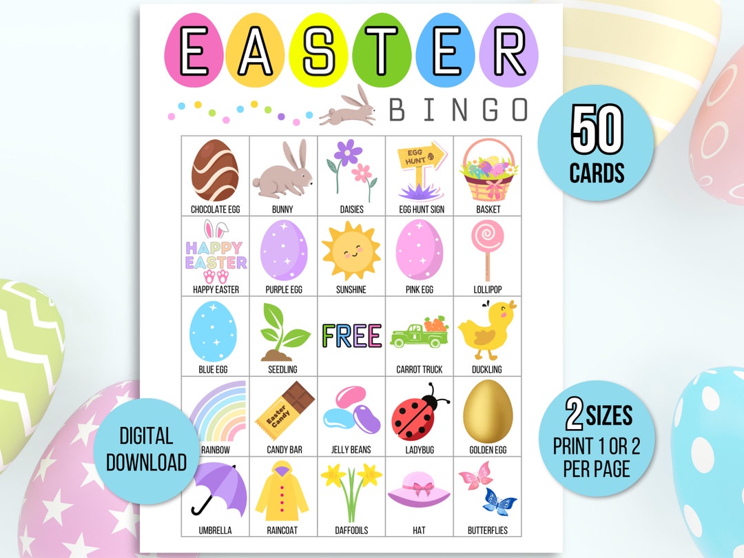 Easter Bingo, 50 Printable Easter Bingo Cards, Easter Activity for Kids ...