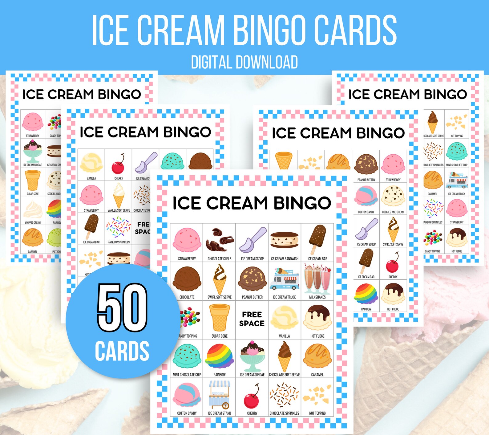Ice Cream Bingo, 50 Printable Ice Cream Bingo Cards, Ice Cream Birthday ...