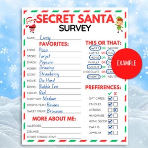 Secret Santa Questionnaire, Printable Secret Santa Survey, Gift ...