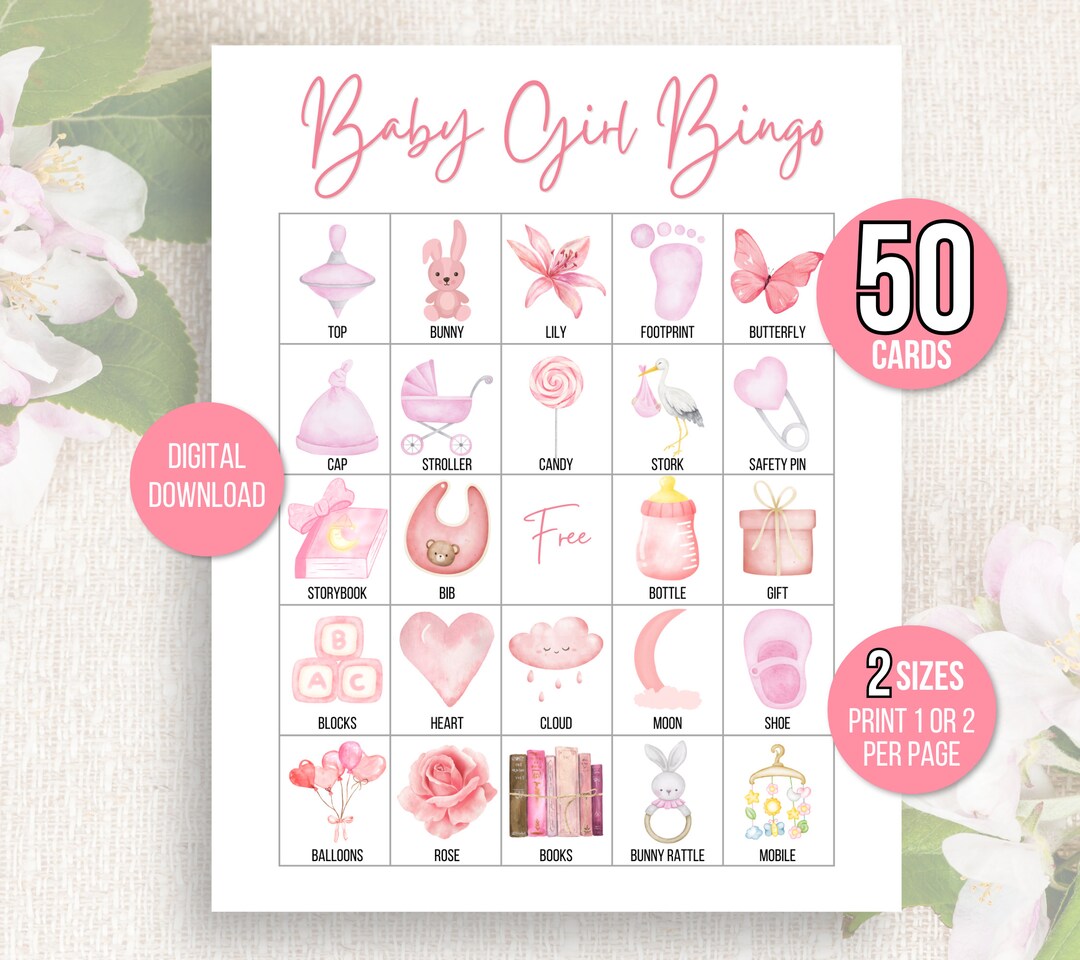 Baby Girl Bingo, 50 Baby Shower Bingo Cards, Baby Girl Shower Printable ...