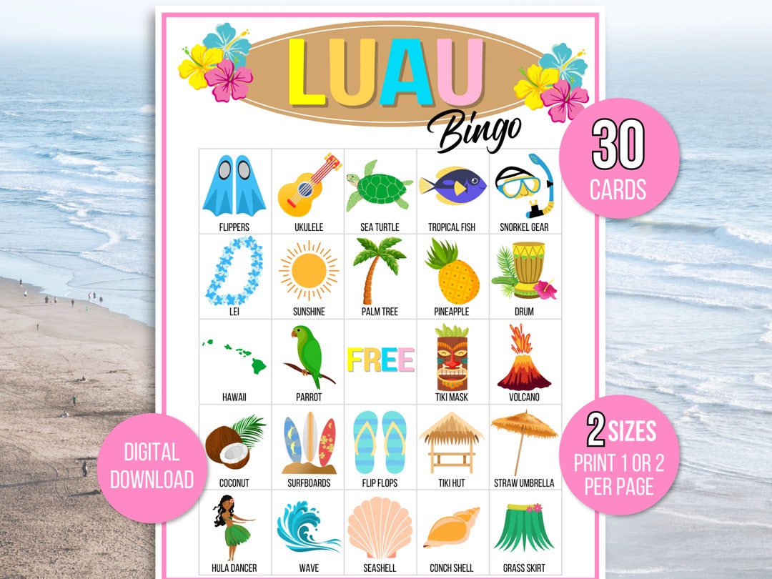 Luau Bingo, Aloha Bingo, Hawaiian Bingo, 30 Printable Luau Bingo Cards ...