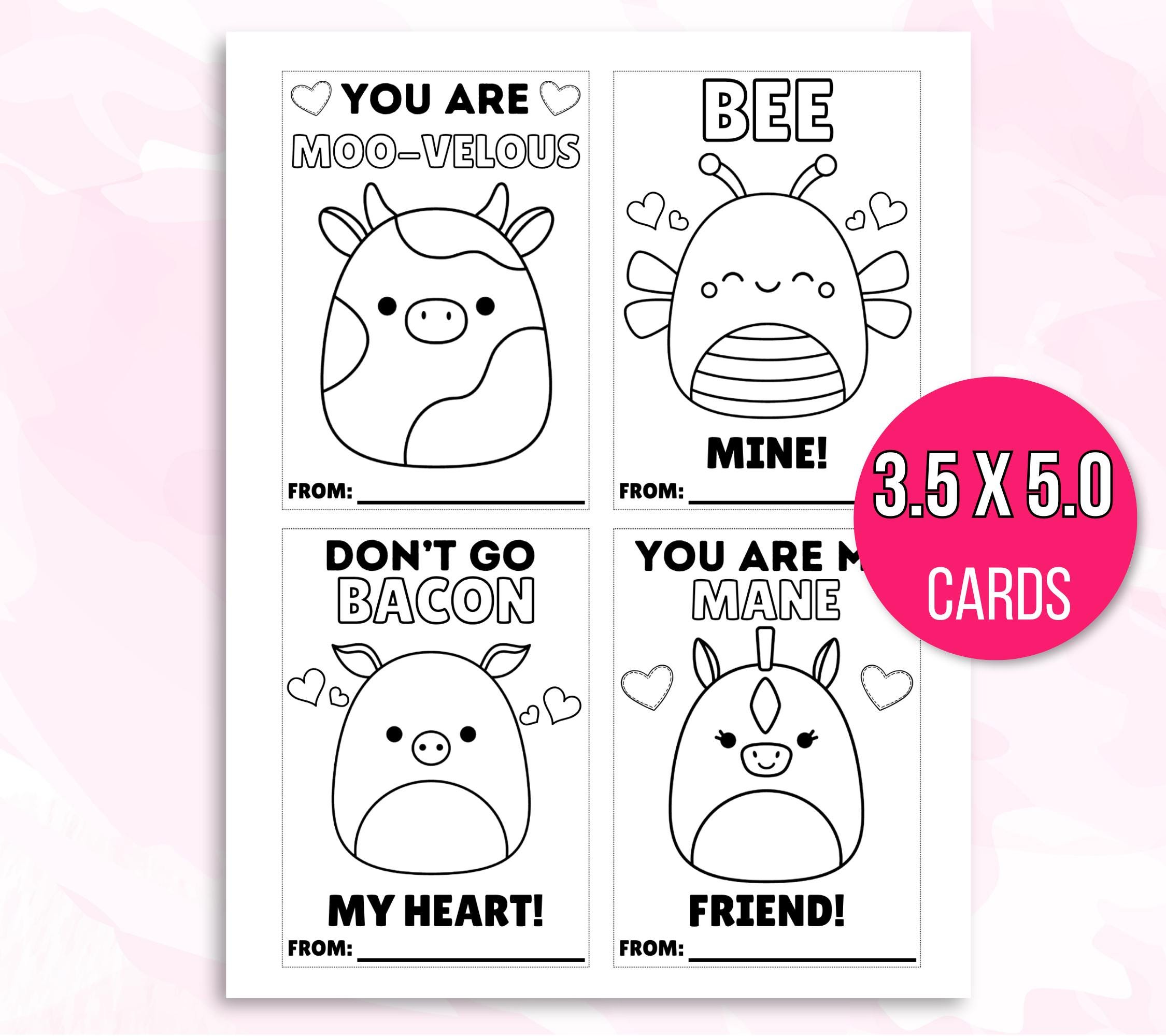Squish Valentines Coloring Cards, 20 Squish Valentine Cards, Valentine ...