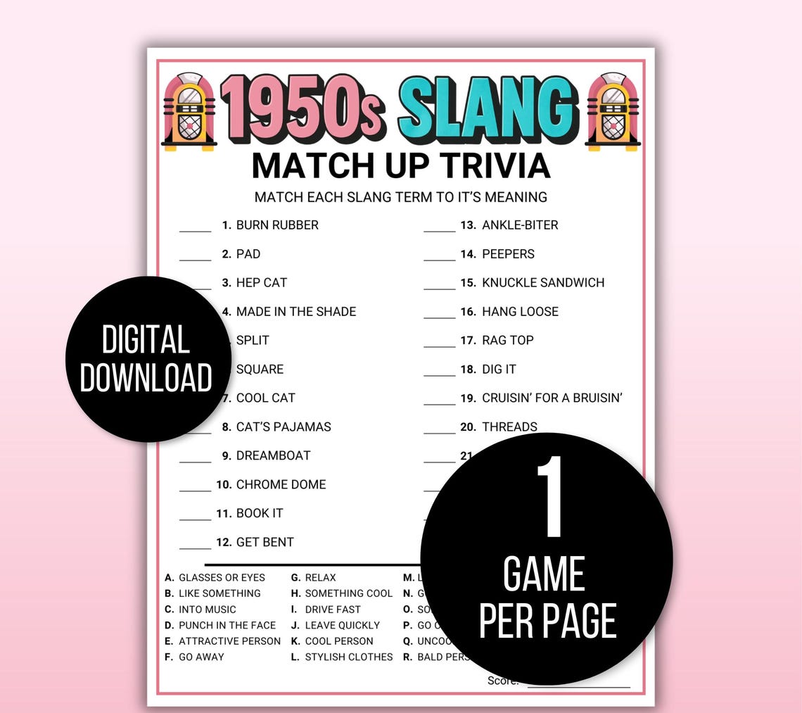 50s Trivia Game, 50s Game, 50s Slang Game, 50s Pop Culture Quiz, Fun ...