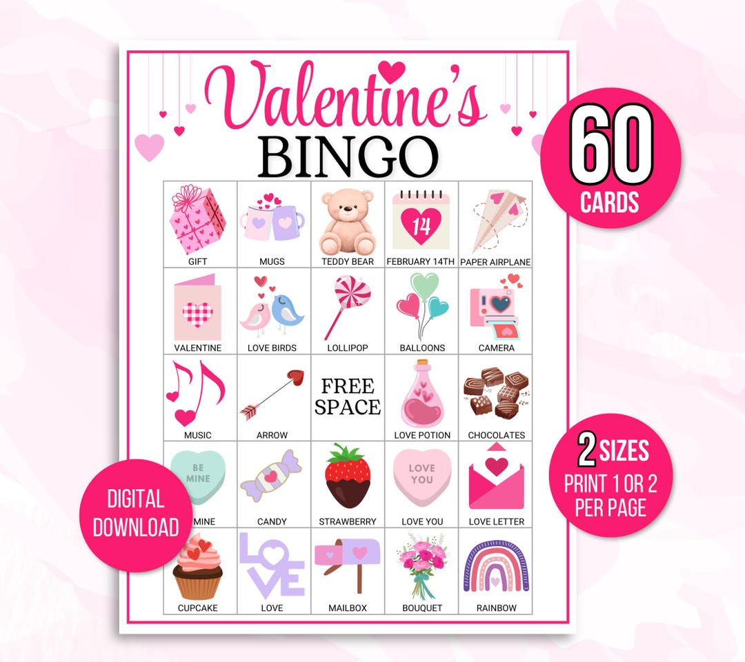 Valentine's Day Bingo, 60 Valentine's Day Bingo Cards for Kids ...