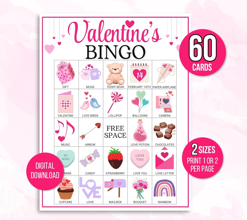Valentine's Day Bingo, 60 Valentine's Day Bingo Cards for Kids ...