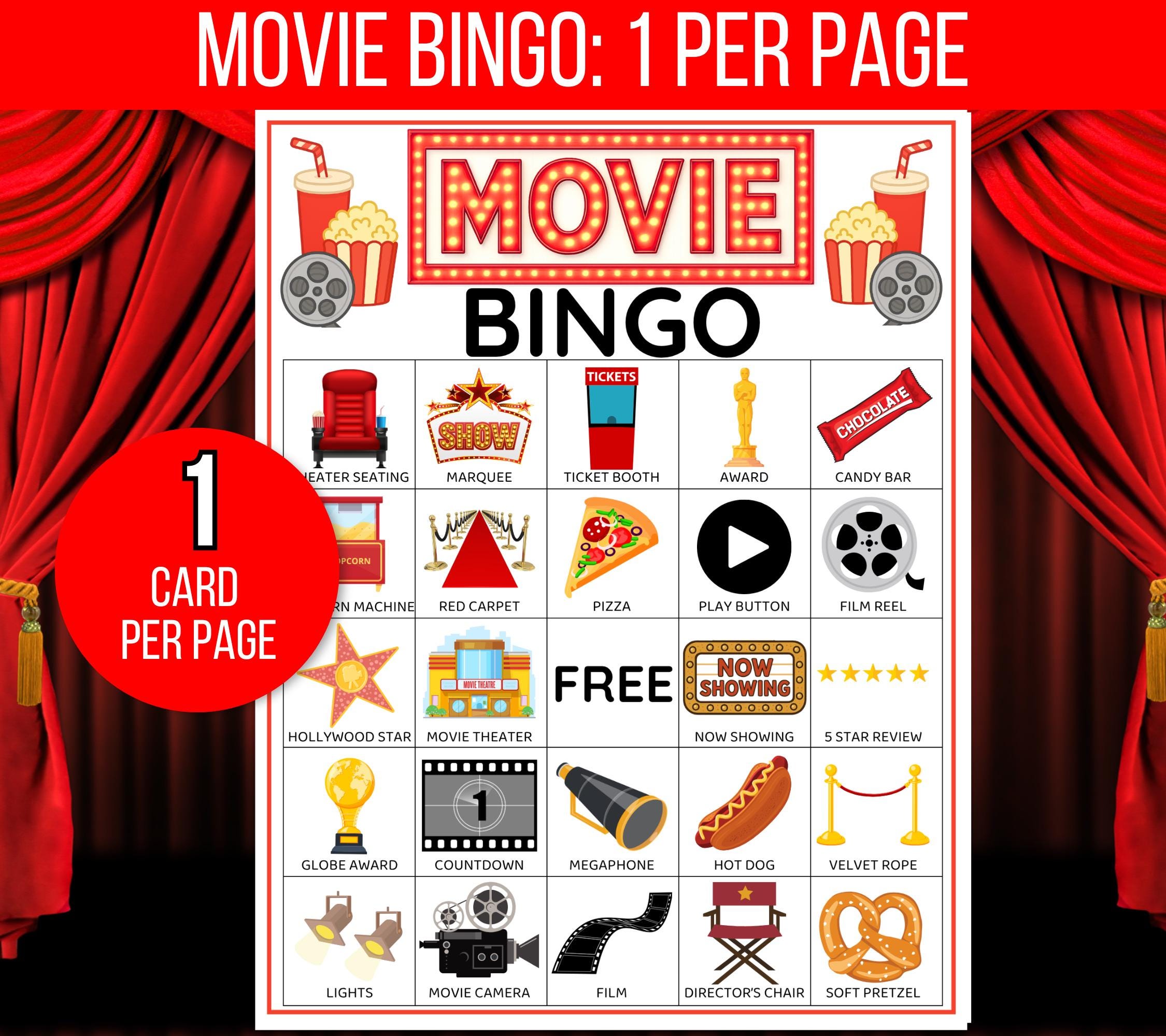 Movie Bingo, 60 Movie Bingo Cards, Movie Night Bingo, Cinema Bingo ...