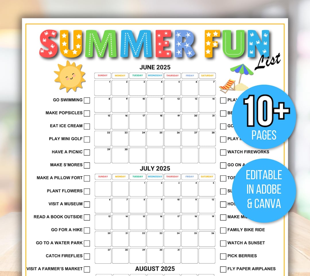 Editable Summer Calendar Poster, Summer Bucket List, Summer Checklist ...