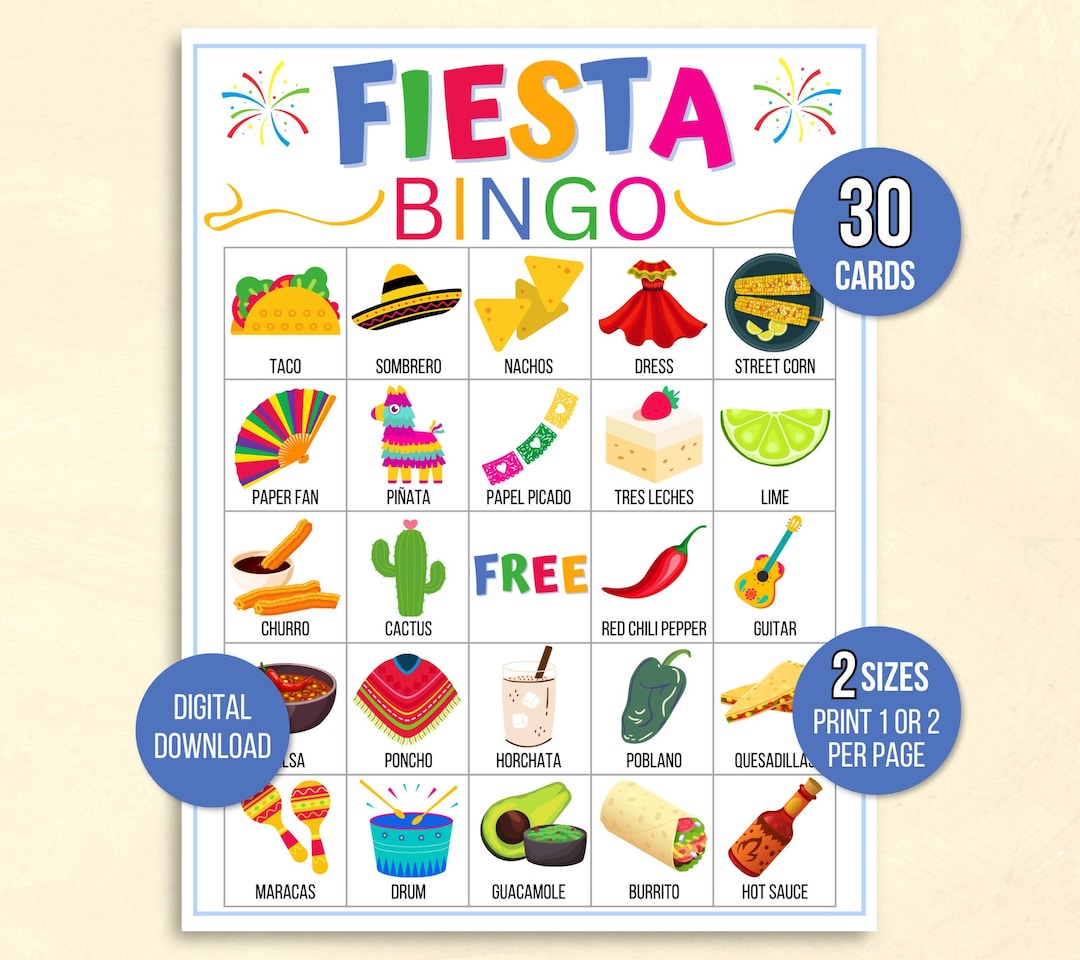 Fiesta Bingo, 30 Printable Fiesta Bingo Cards, Fiesta Activity for Kids ...