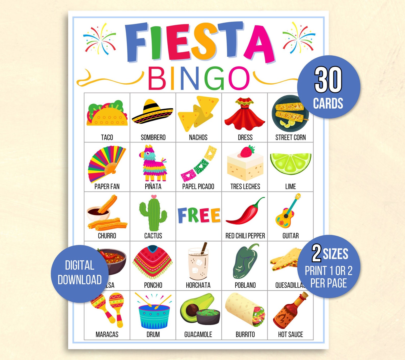 Fiesta Bingo, 30 Printable Fiesta Bingo Cards, Fiesta Activity for Kids ...