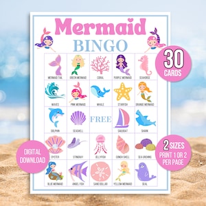 Mermaid Bingo, 30 Printable Mermaid Bingo Cards, Mermaid Game, Mermaid ...