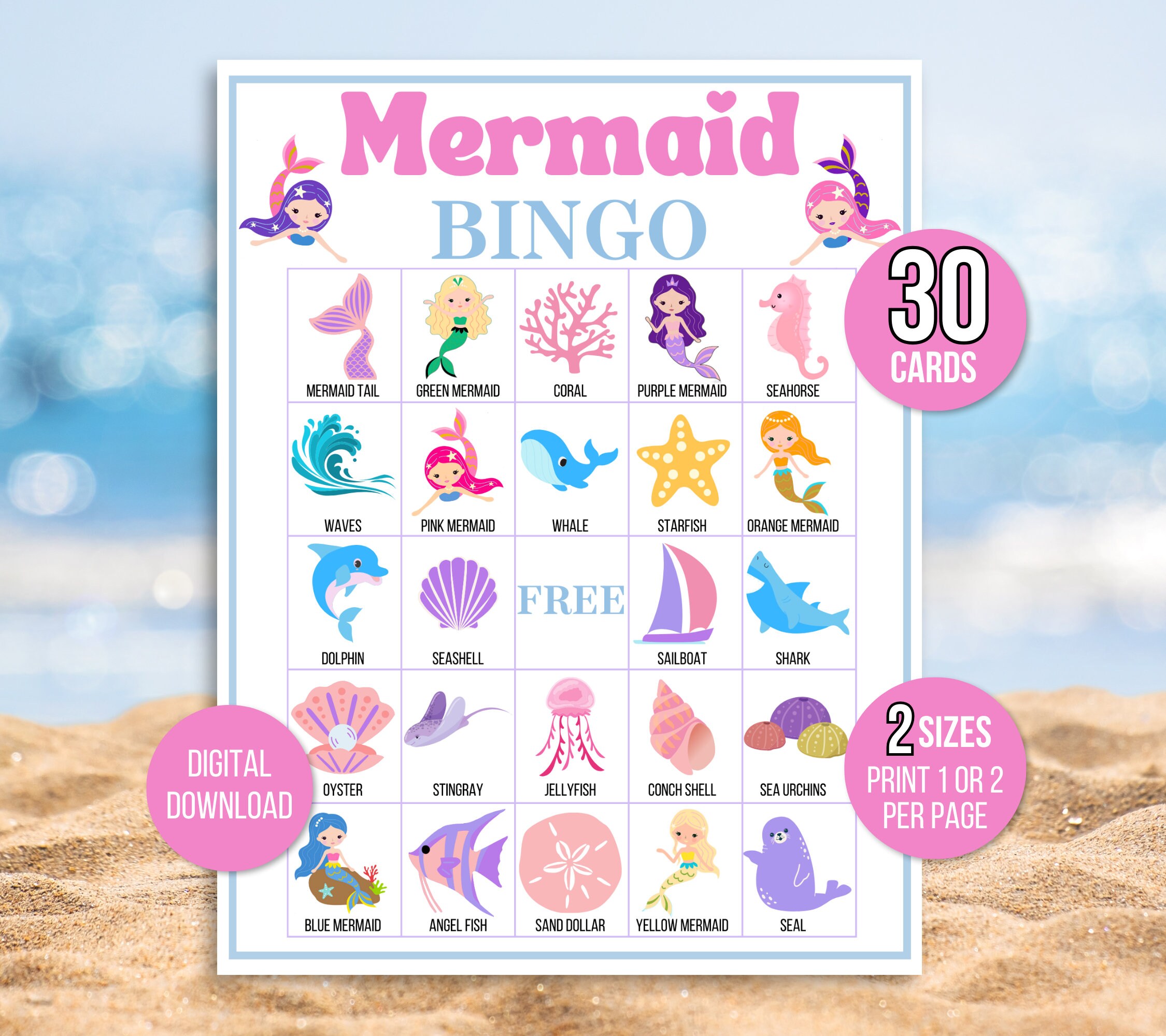 Mermaid Bingo, 30 Printable Mermaid Bingo Cards, Mermaid Game, Mermaid ...