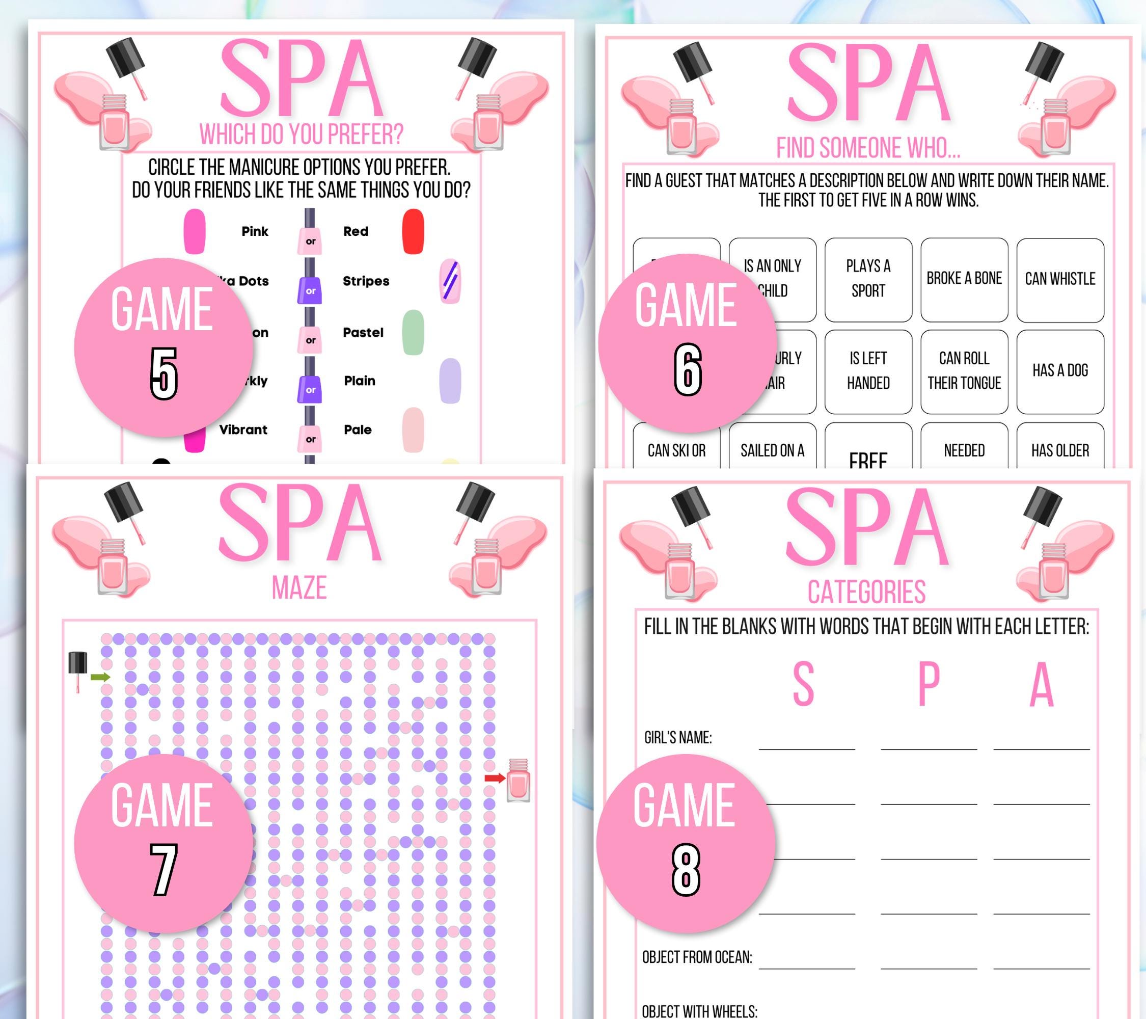 Spa Party Games Printable, Spa Party Activities, Girls Spa Party Games ...