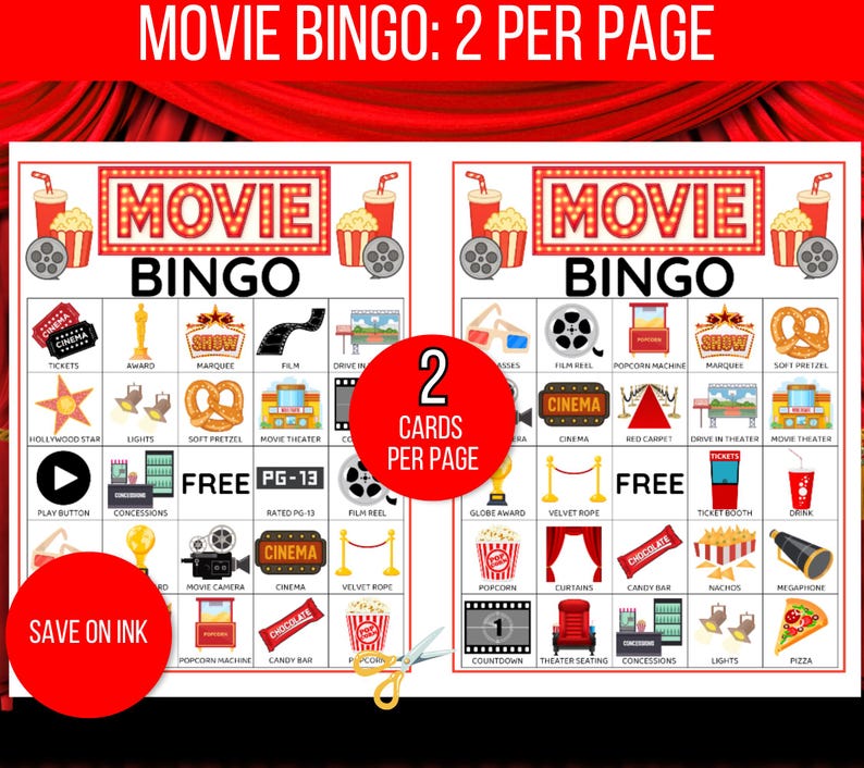 Movie Bingo, 60 Movie Bingo Cards, Movie Night Bingo, Cinema Bingo ...