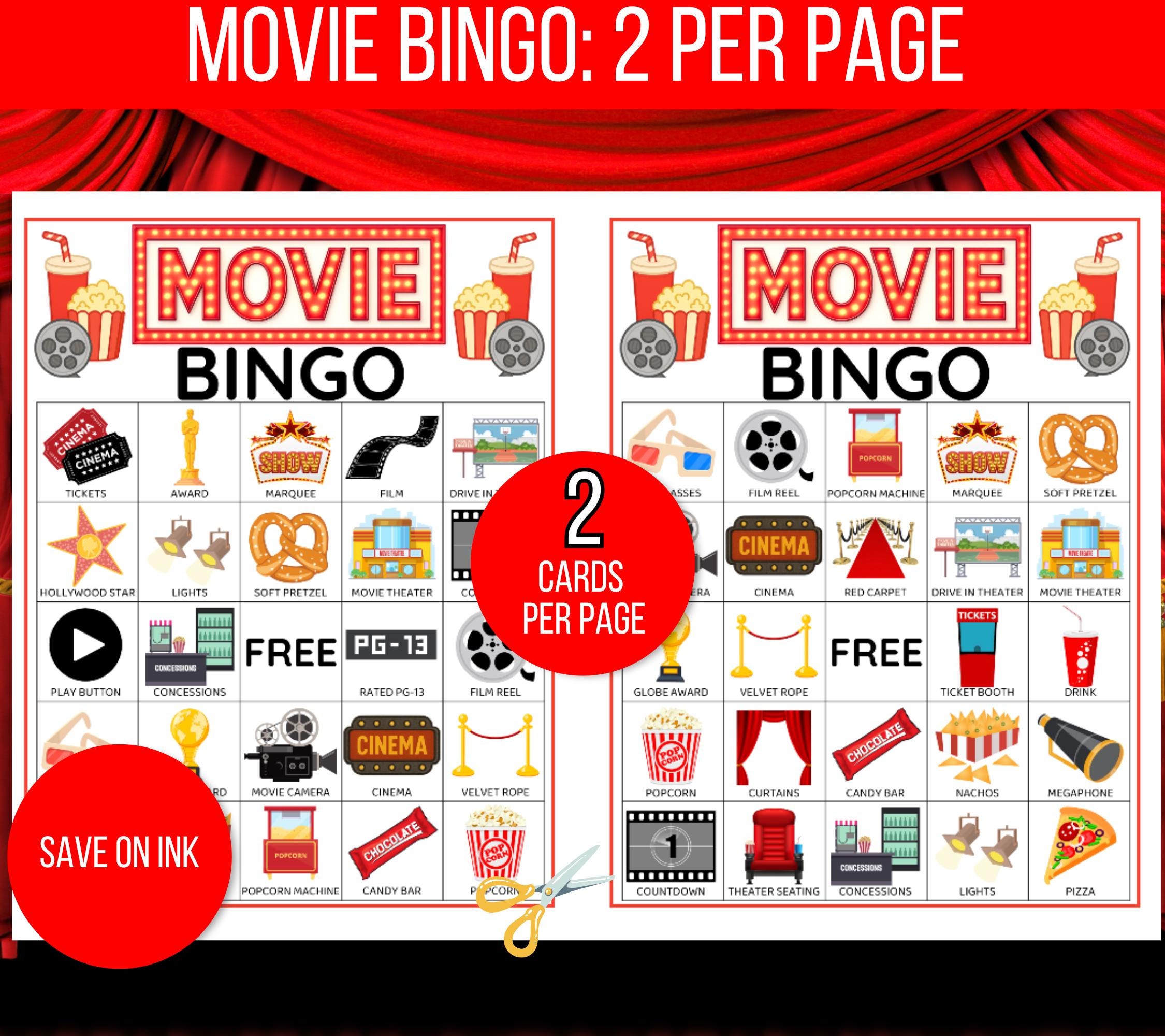 Movie Bingo, 60 Movie Bingo Cards, Movie Night Bingo, Cinema Bingo ...