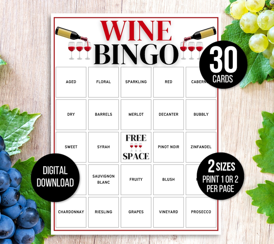 Wine Bingo, 30 Printable Wine Bingo Cards, Wine Game Night, Wine Party ...