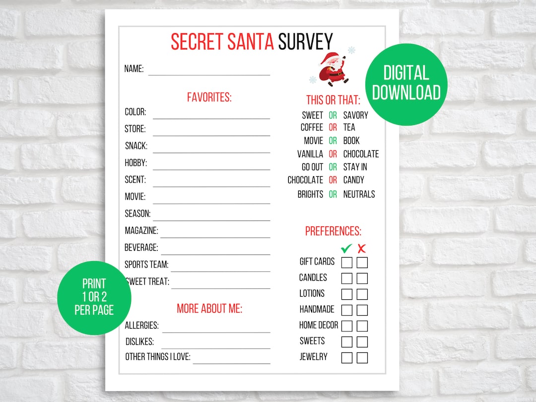 Secret Santa Questionnaire, Printable Secret Santa Survey, Gift ...